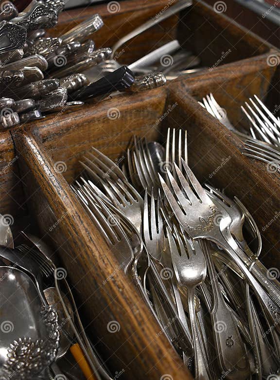 Closeup of Collection of Silver Flatware in Drawer Stock Image - Image ...