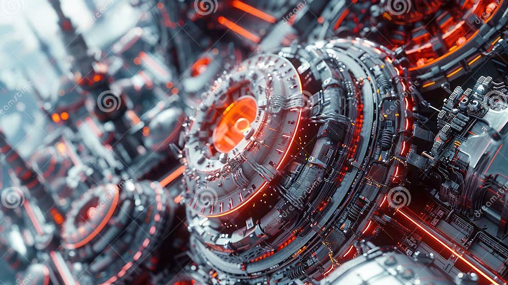 A Closeup of a Complex Machine with Glowing Red Details Stock Photo ...