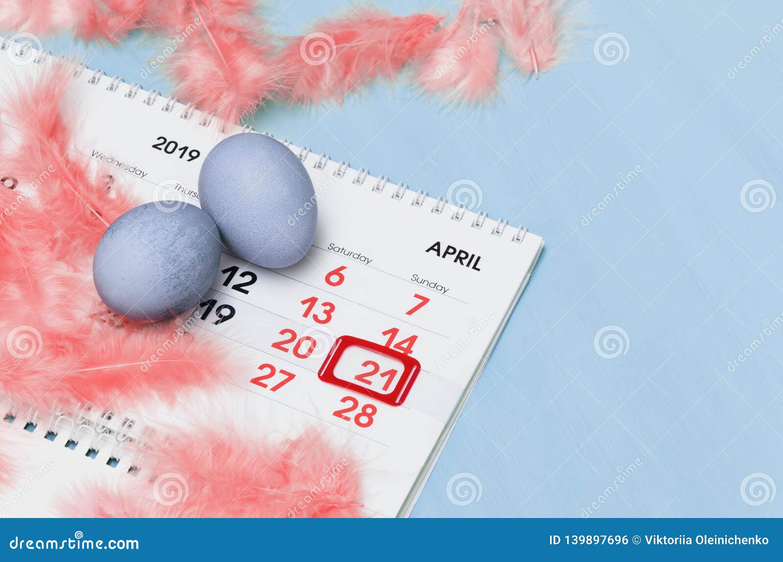 Closeup of Composition of Easter Holiday.Calendar with Red Mark, Blue ...