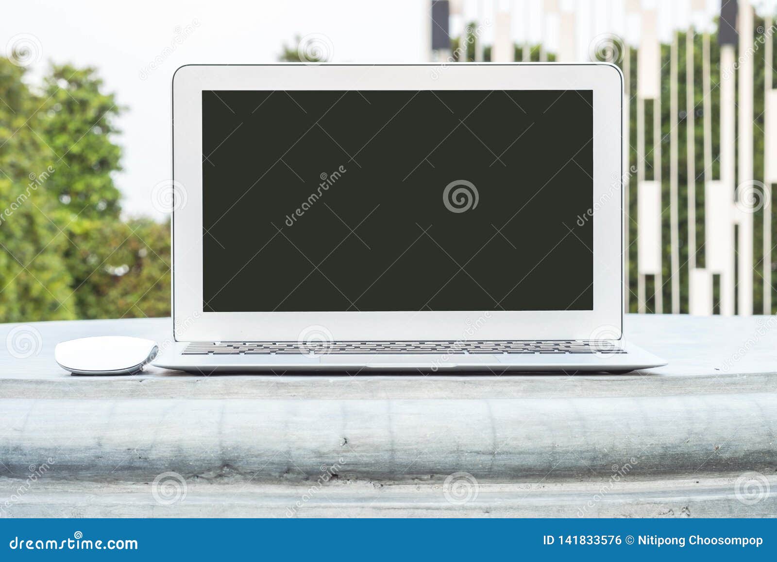 Closeup Computer on Cement Desk in the Park Stock Photo - Image of ...