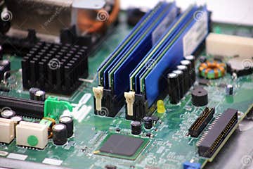 Closeup Computer Motherboard Circuits Memory Microprocessor Stock Image - Image of angled, angle ...