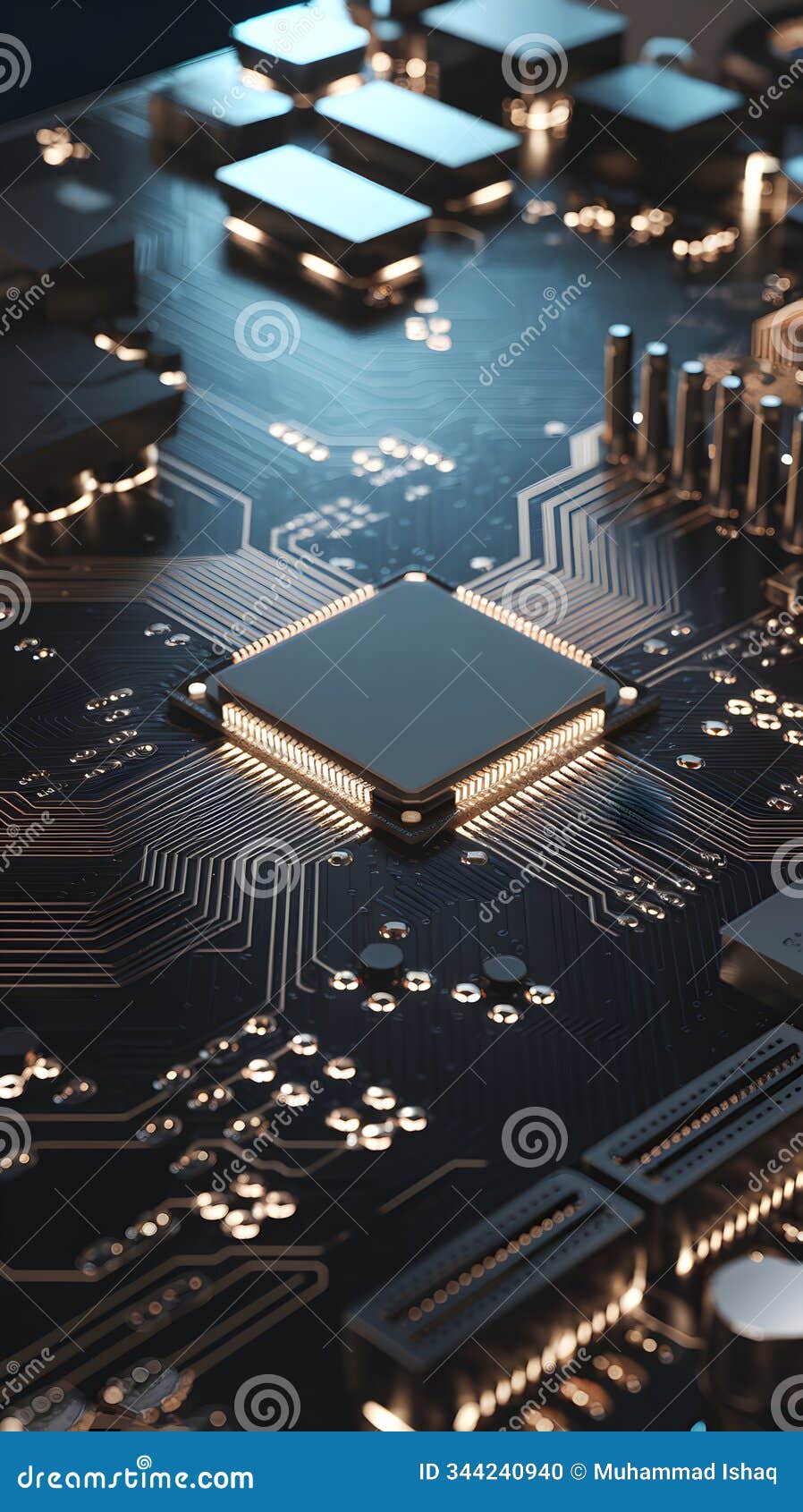 Computer Motherboard Close Up, Illuminated Blue and Gold Design with ...