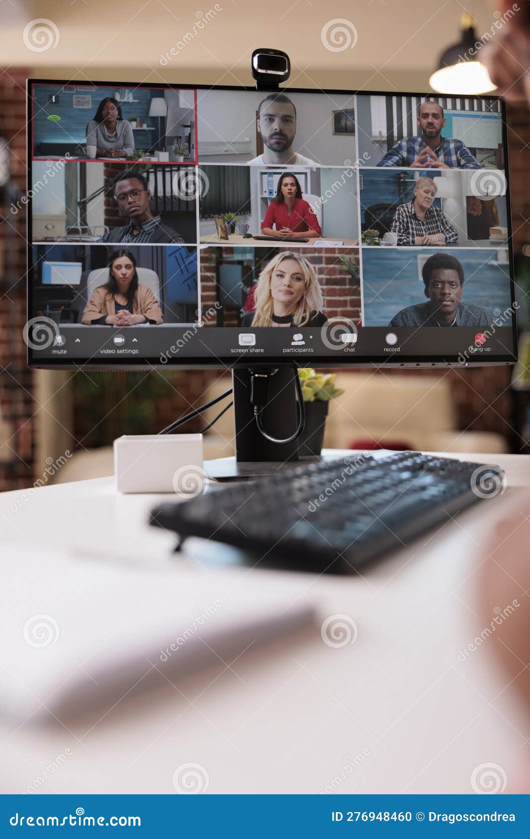 Closeup of Computer Screen with Video Conference App and Webcam Showing ...