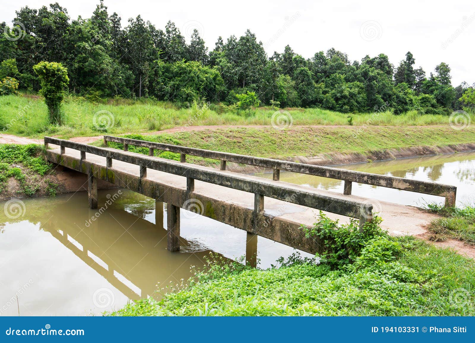 Closeup of Concrete Bridge and Irrigation Canal with Tree Background ...