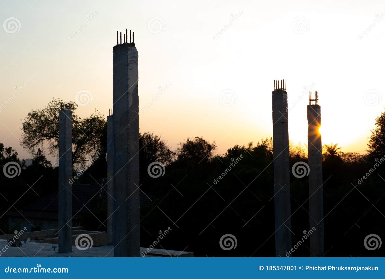 Closeup Concrete Columns Reflect with the Sunlight at the Construction ...