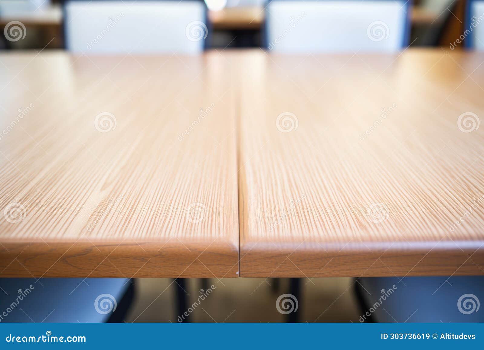 Closeup of a Conference Tables Wood Grain Texture with Empty Chairs ...