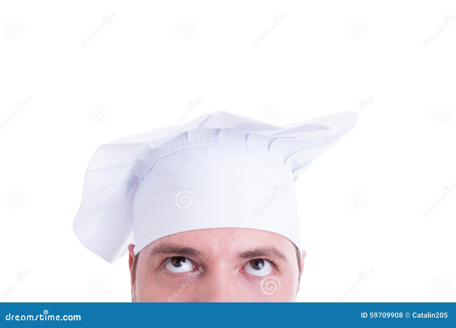 Closeup of Cook or Chef Forehead, Hat and Eyes Looking Up Stock Photo ...