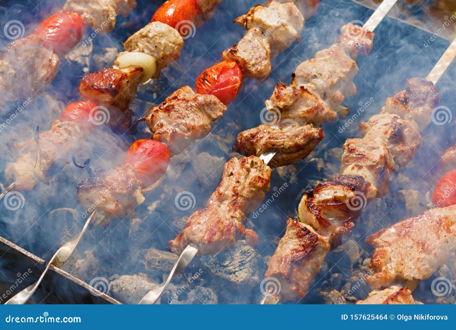 Closeup Cooking Shashlik on the Mangal in Nature Stock Photo - Image of ...