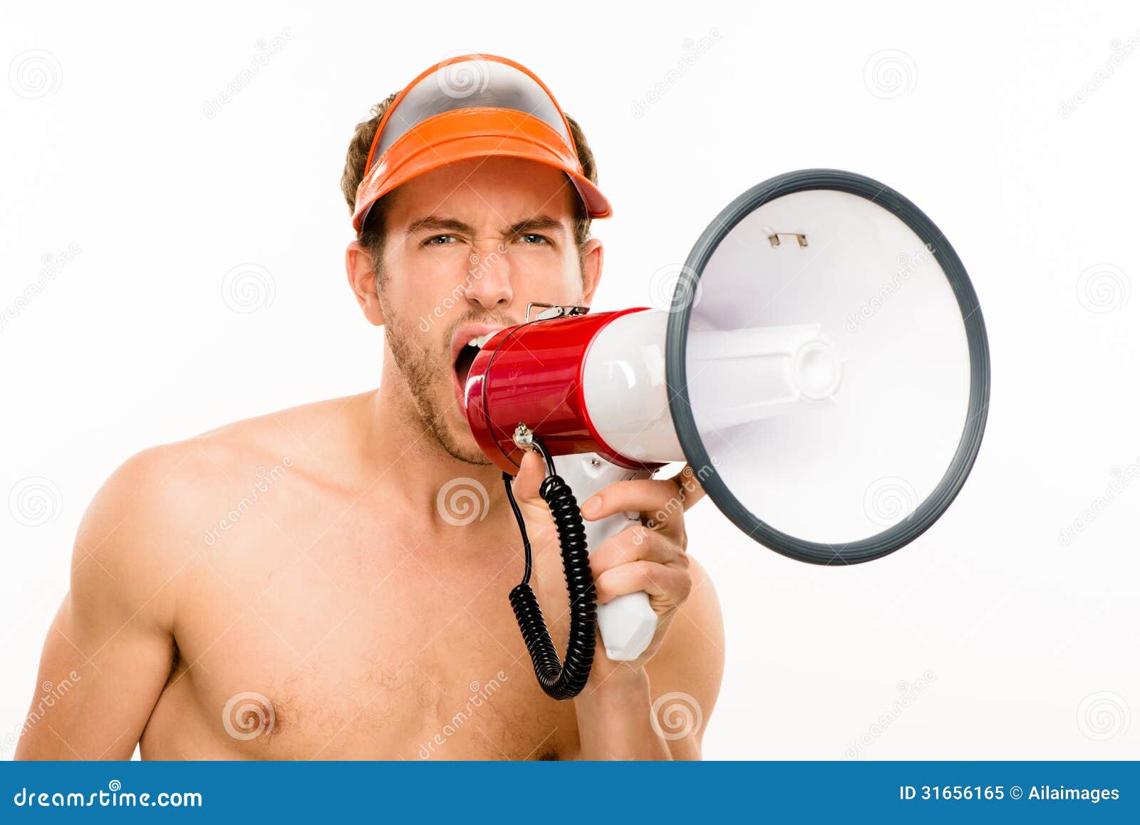 Closeup of Crazy Lifeguard Man Shouting in Megaphone on White Stock ...