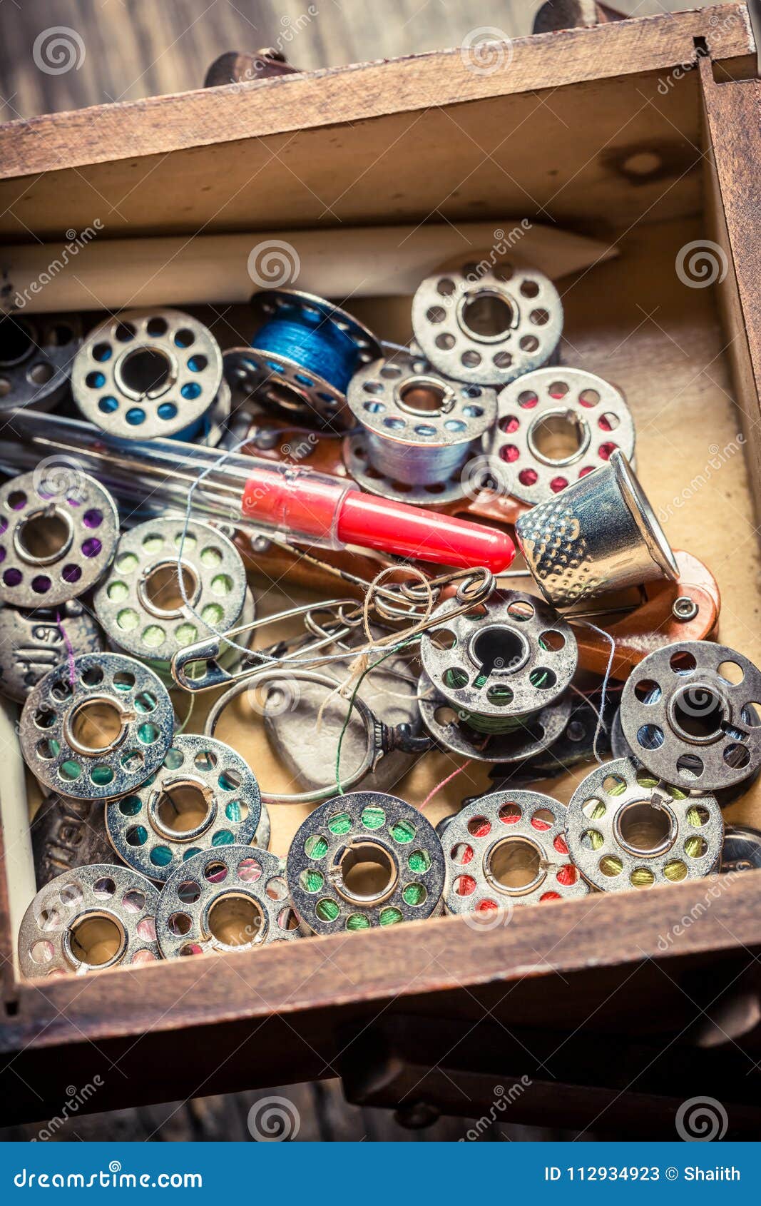 Tailor`s Wooden Box with Needles and Threads Stock Image - Image of ...