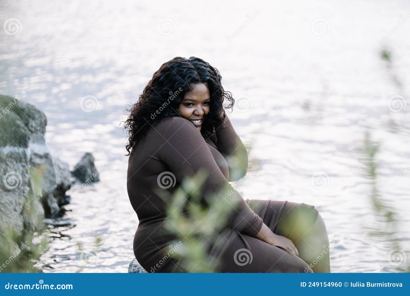 Closeup Curly Smiling African Afro American Dark Skin Plump Woman