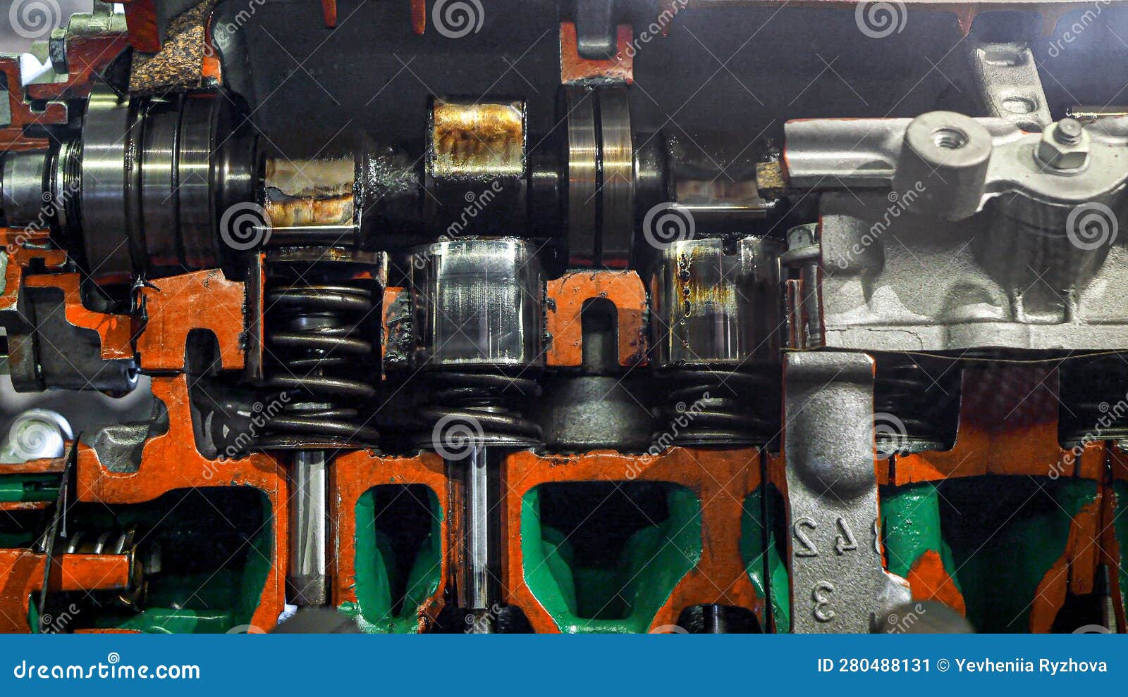 Closeup of Cut Engine Pistons in Cylinder Working and Spinning. Old ...