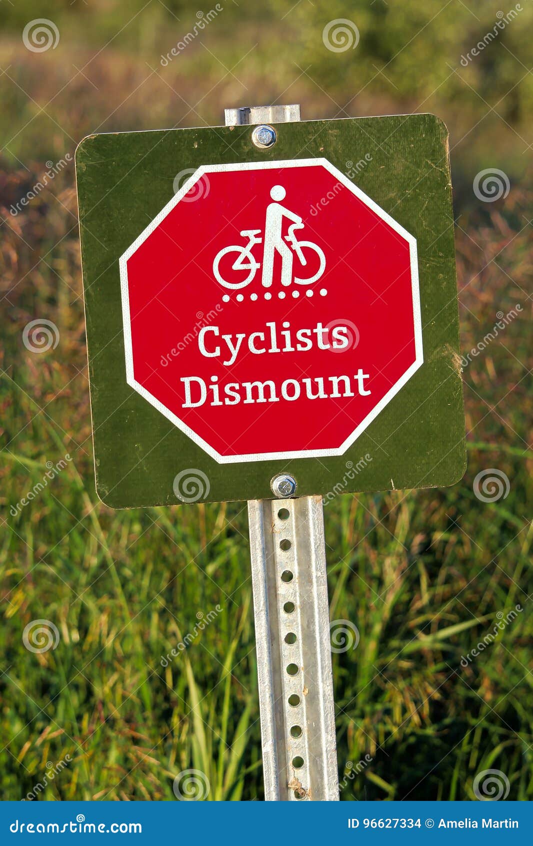 Closeup of a Cyclists Dismount Sign Stock Photo - Image of path ...