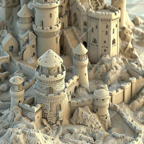 Closeup of a 3D Model of a Sandcastle with Details Stock Illustration ...
