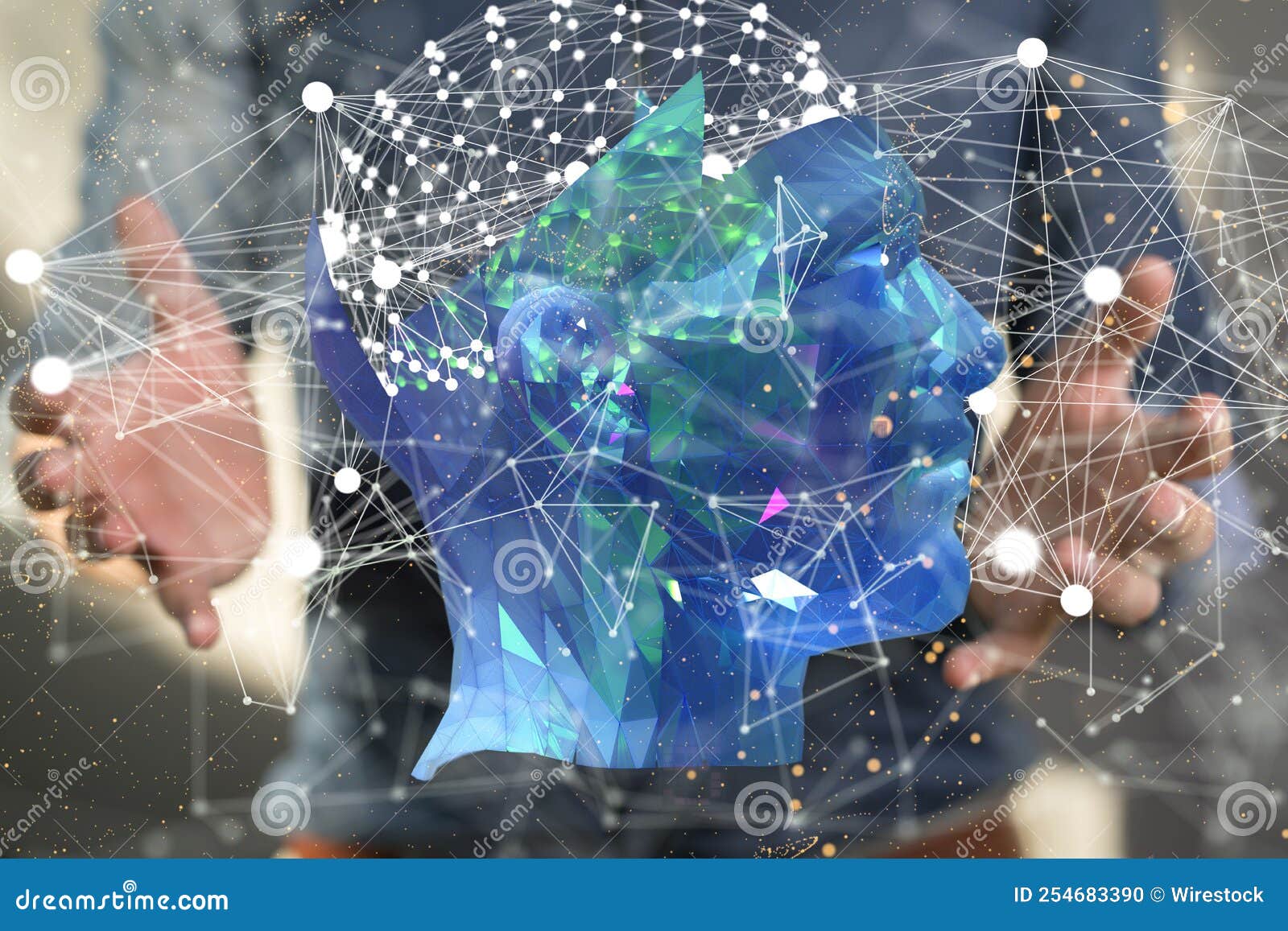 Closeup of 3D Rendered Human Brain Anatomical Model Hovering in Mans ...