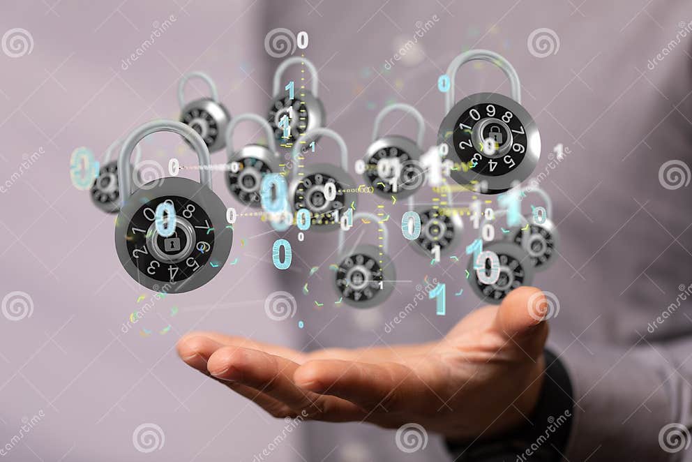 Closeup of 3D Rendered Locks and Man S Hand Touching the -security ...