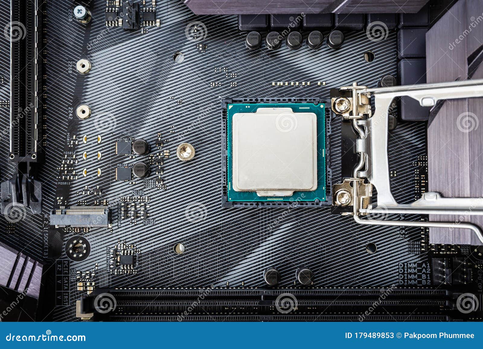 Closeup Detail of CPU Chip Over Socket of a Modern Computer Black ...