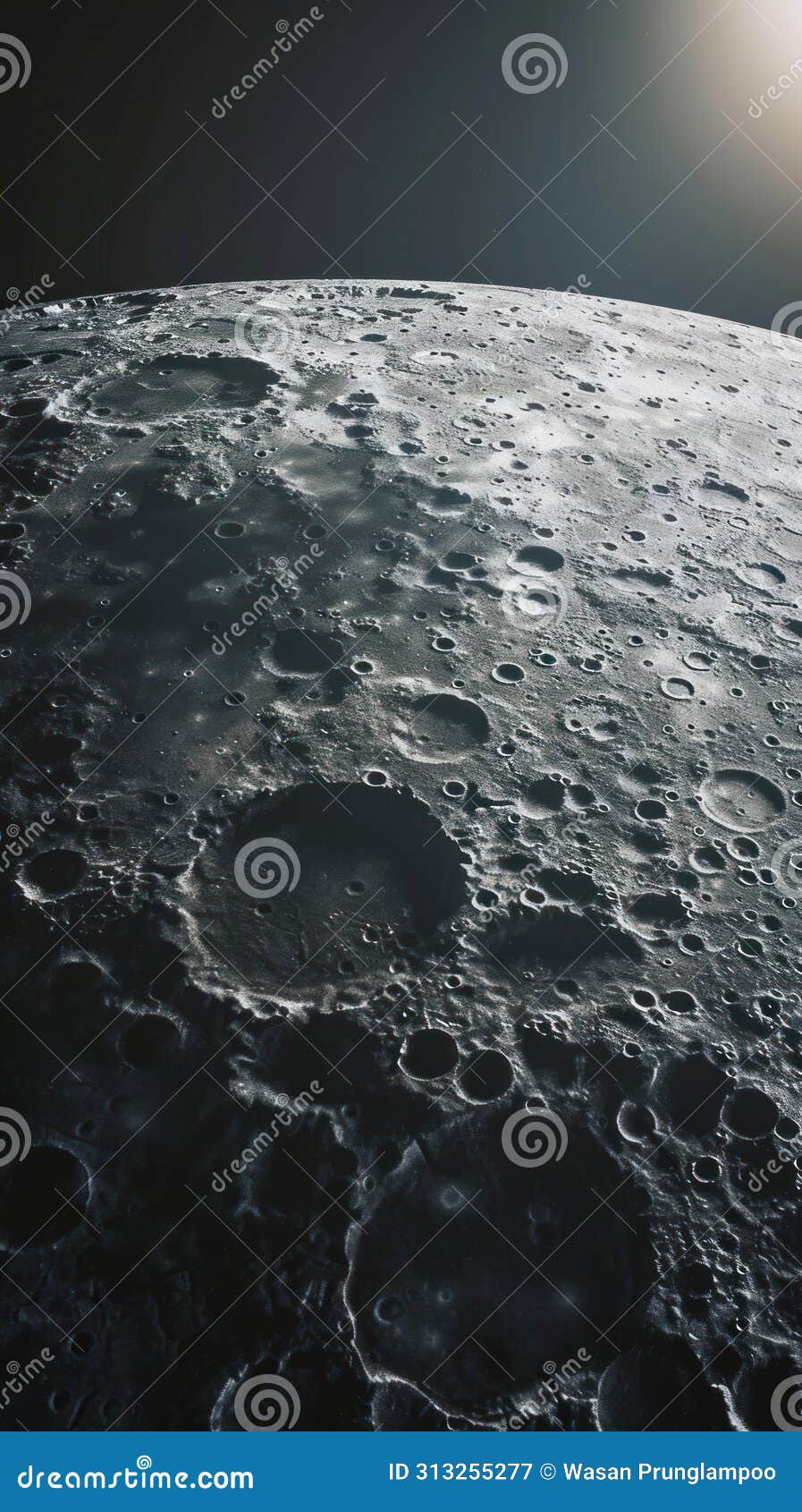 Closeup of a Detailed 3D Moon Surface with a Rocket Shadow Approaching ...