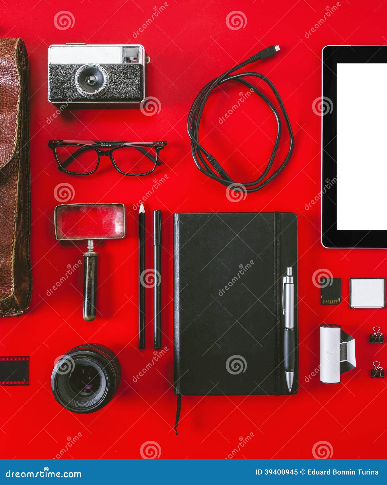 Closeup of Different Photography Objects on Red Background. Stock Image ...