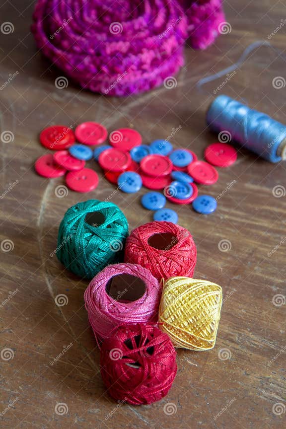 Closeup of Different Threads and Coils on Table Stock Photo - Image of ...
