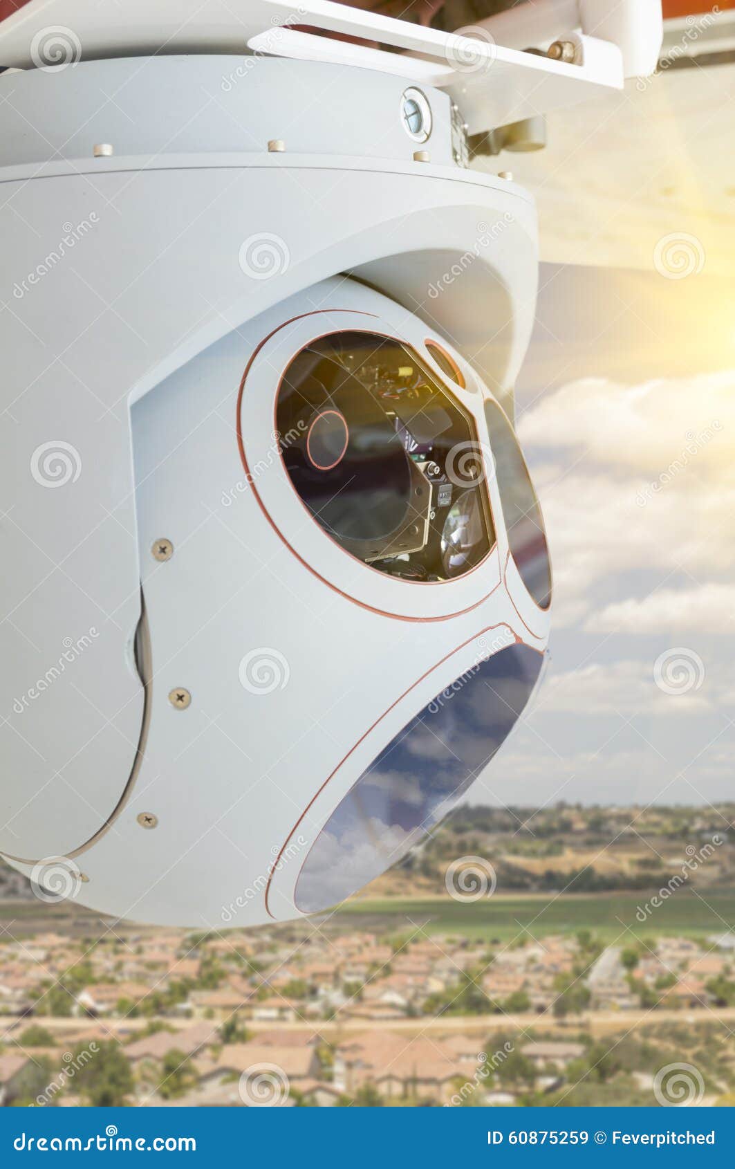 Closeup of Drone Camera and Sensor Pod Module Above Neighborhood Stock ...