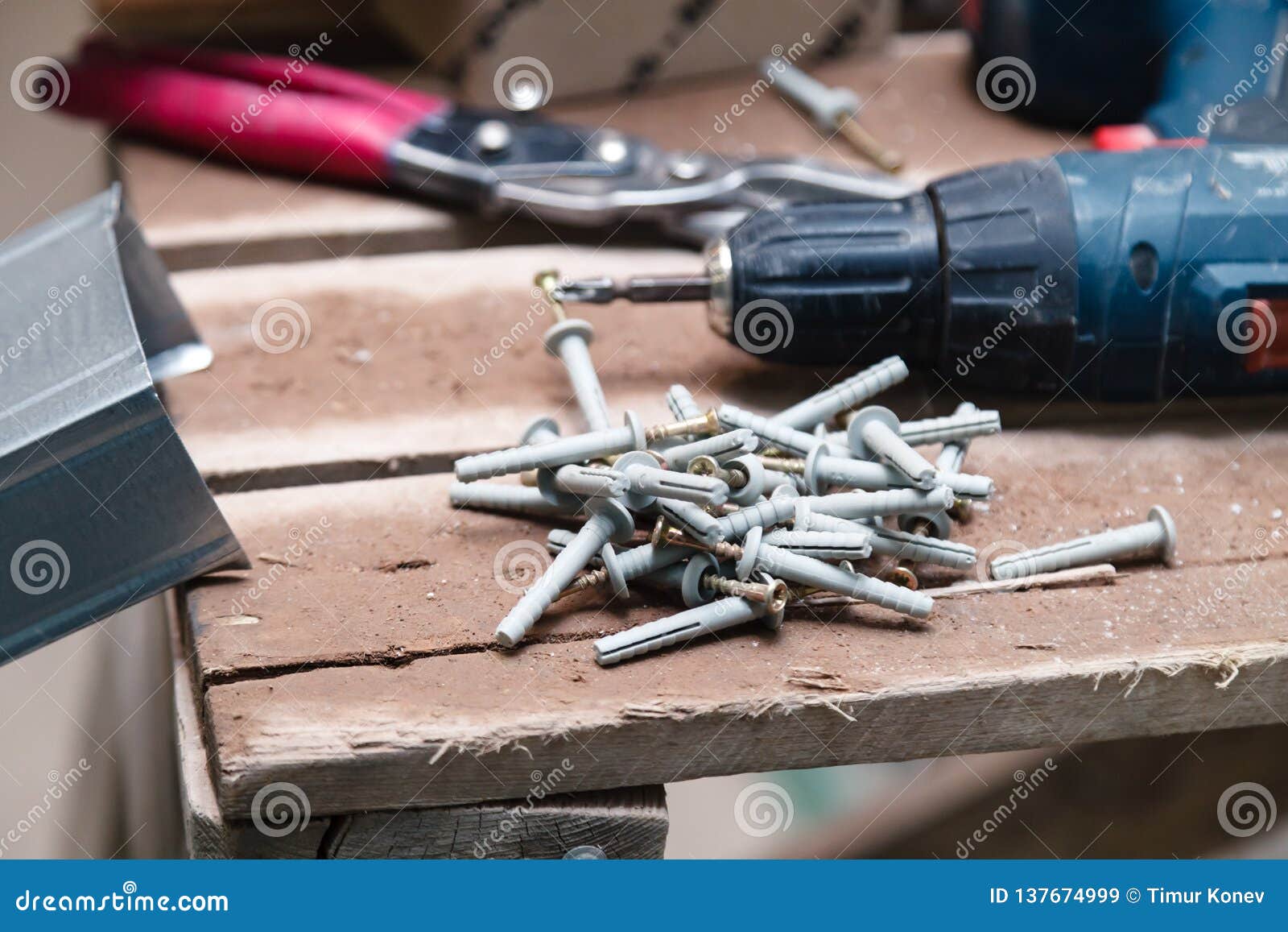 Closeup Dusty Construction Building Tools on the Scaffolding, Puncher ...