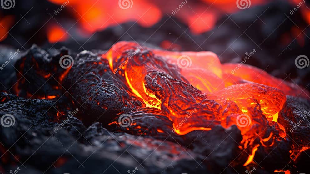 Closeup of Dynamic Lava Flow with Bubbling Magma Stock Illustration ...