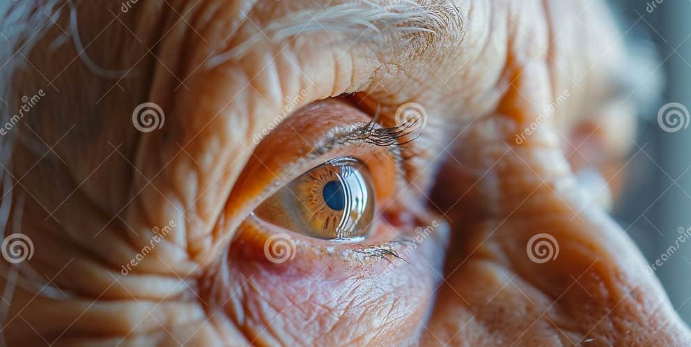 A Closeup of an Elderly Womans Eye As she Reads Off a Vision Chart ...