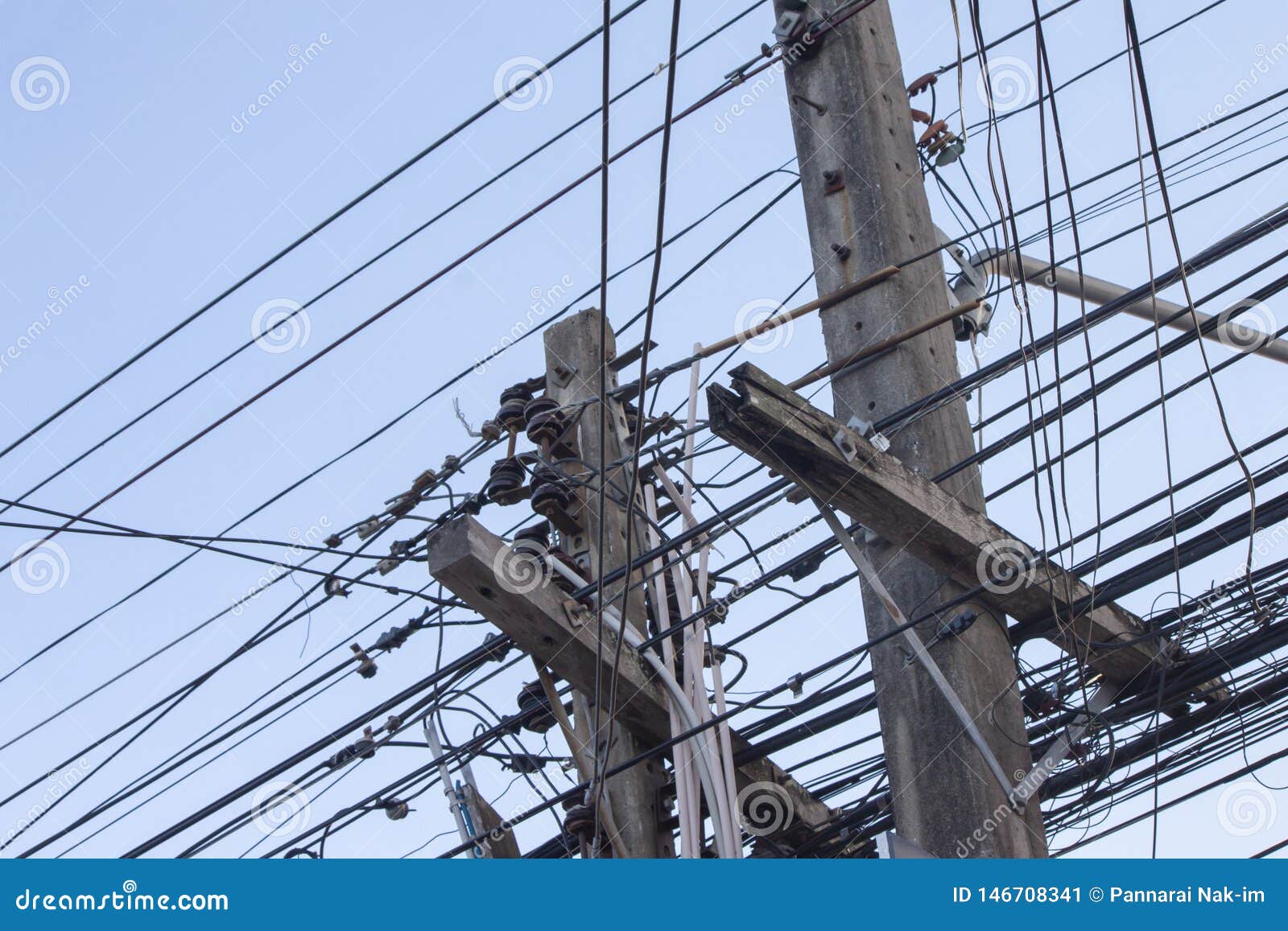 Closeup Electric Pole with Wires and Communication Cables. Stock Image ...