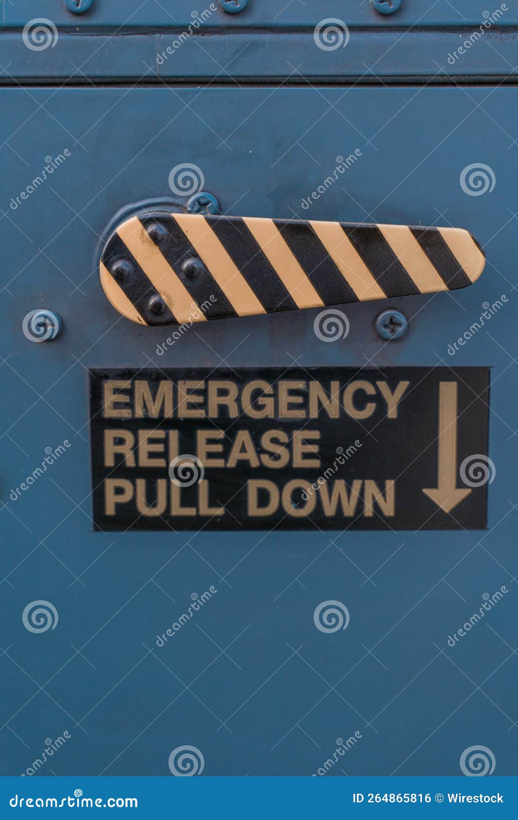 Closeup of "EMERGENCY RELEASE PULL DOWN" Written on a Transport Stock ...