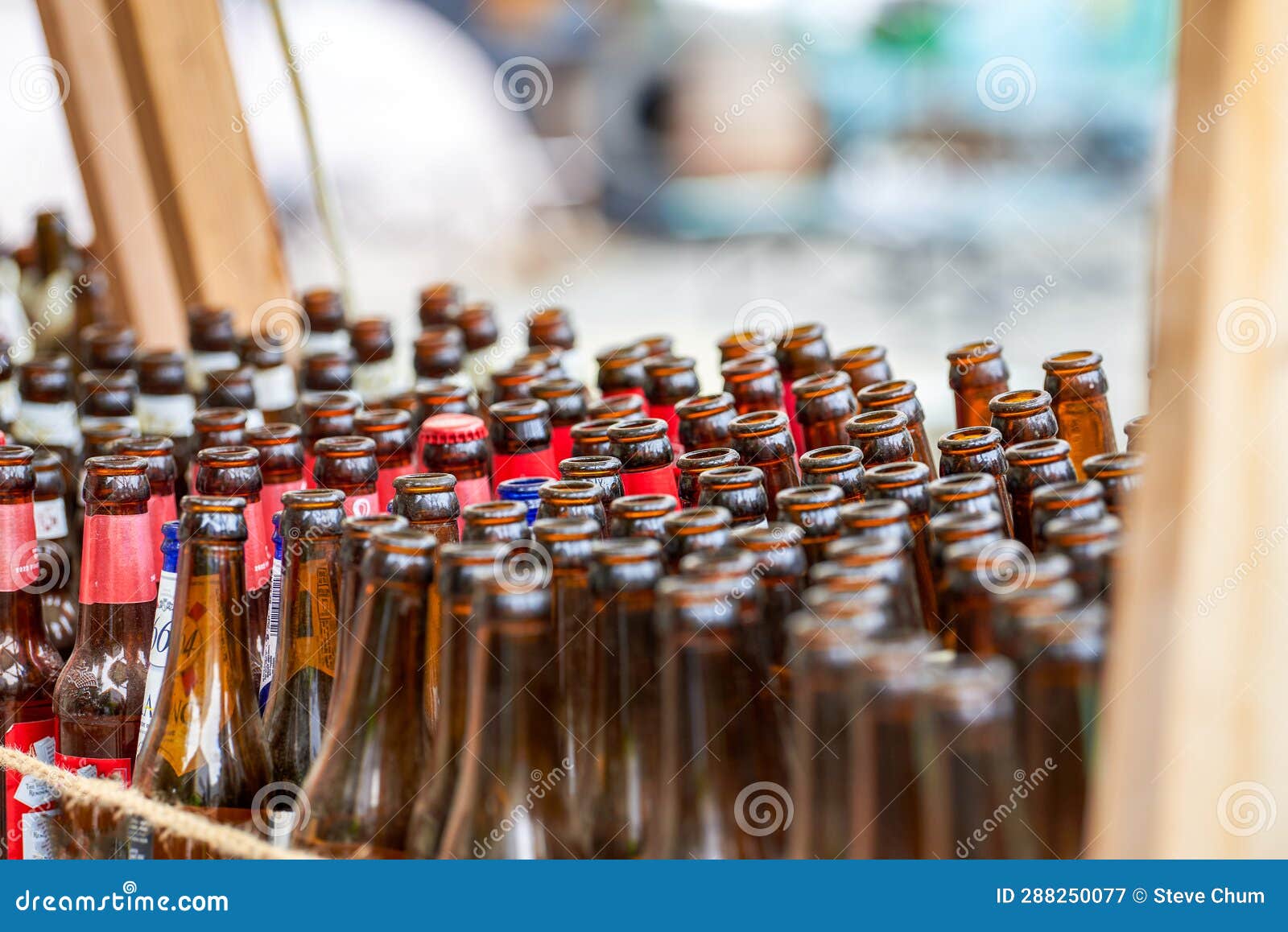 Closeup of Empty Beer Bottles Stacked in Restaurant Stock Image - Image ...