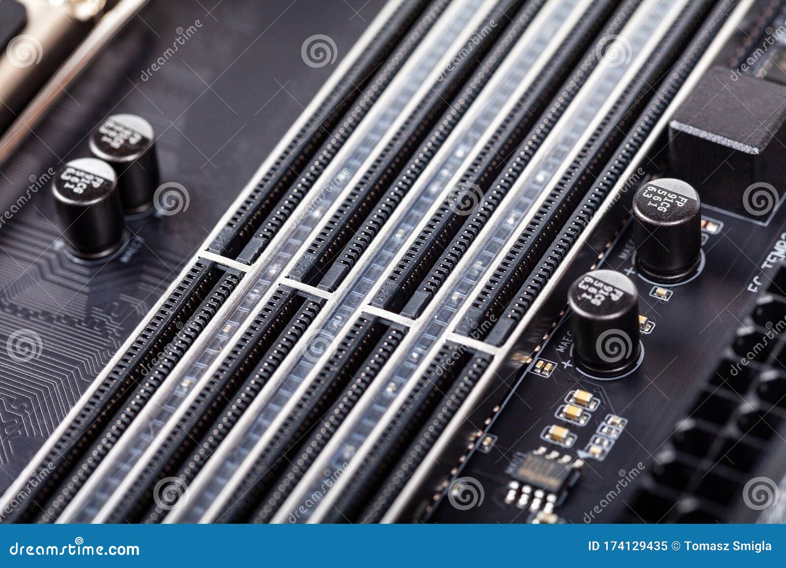 Closeup on Empty RAM Slots on a Modern Black Silver Motherboard. Ddr4 ... Closeup on Empty RAM Slots on a Modern Black Silver Motherboard. Ddr4 ...