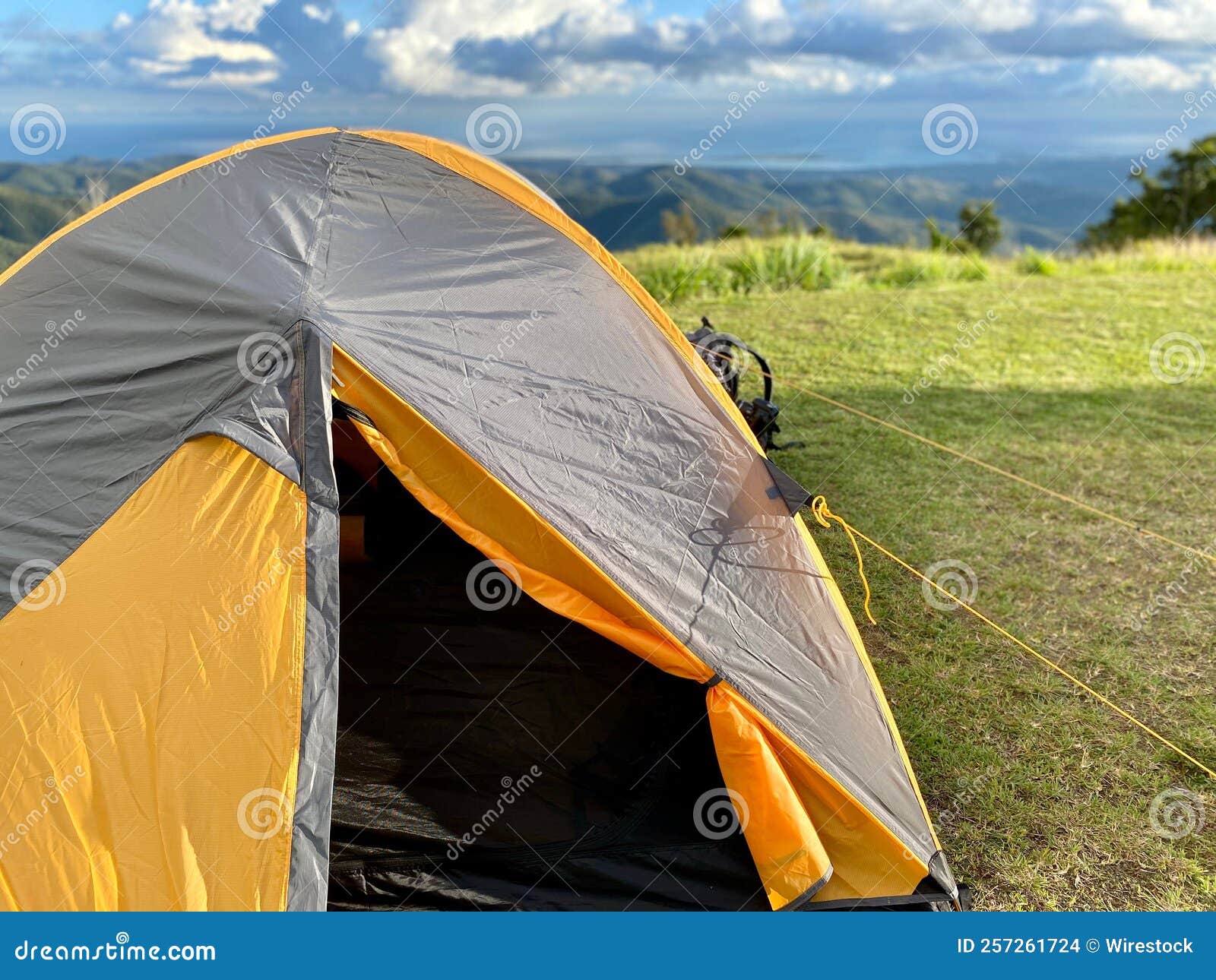 Closeup of an Empty Yellow Tent in a Green Meadow. Stock Photo - Image ...