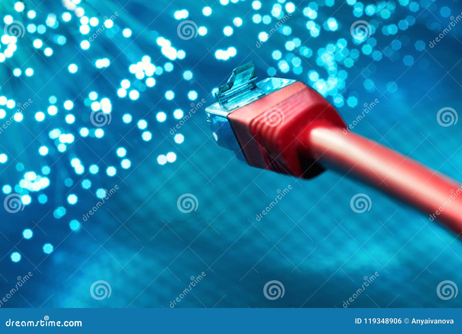 Closeup on the End of Red Optical Fiber Network Cable on Blue Ba Stock ...