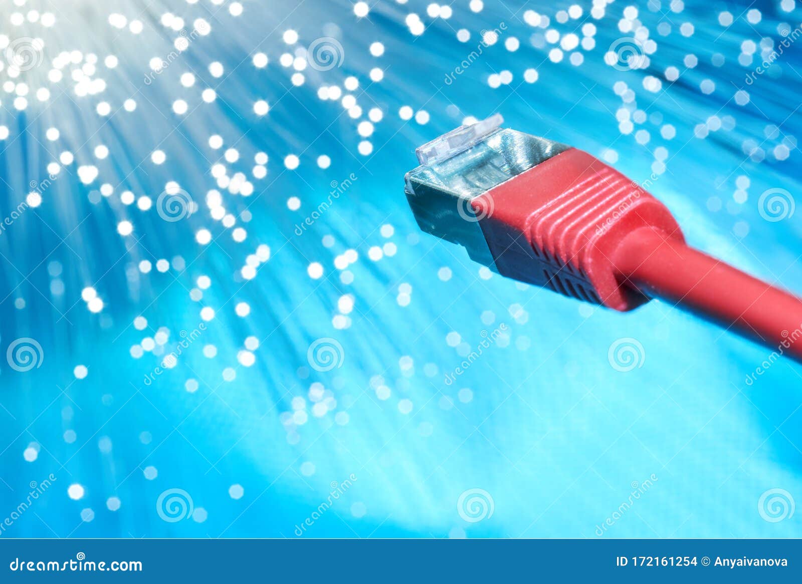 Closeup on the End of Red Optical Fiber Network Cable on Blue ...
