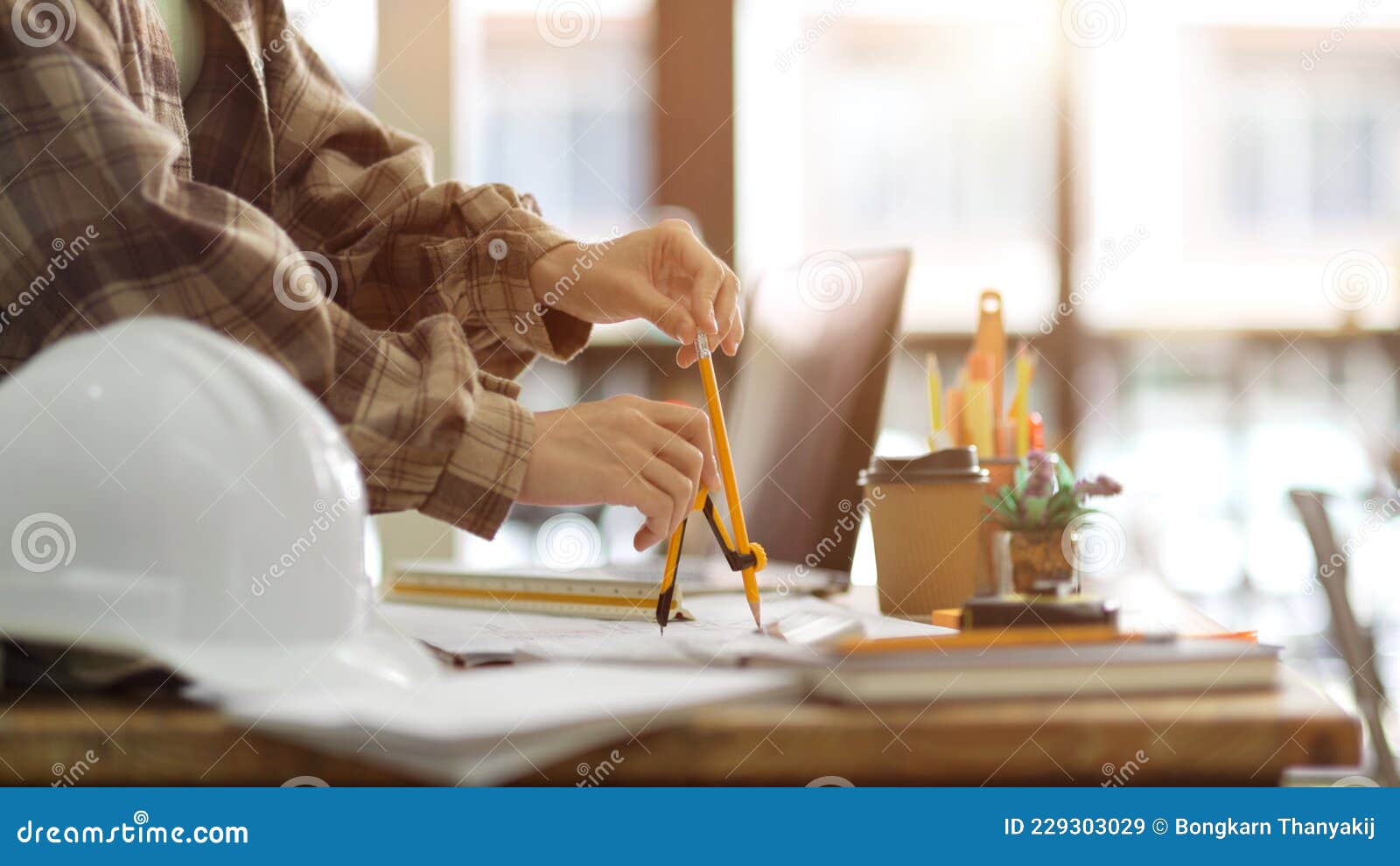 Closeup, Engineer Architecture Using Divider Compass To Measuring ...