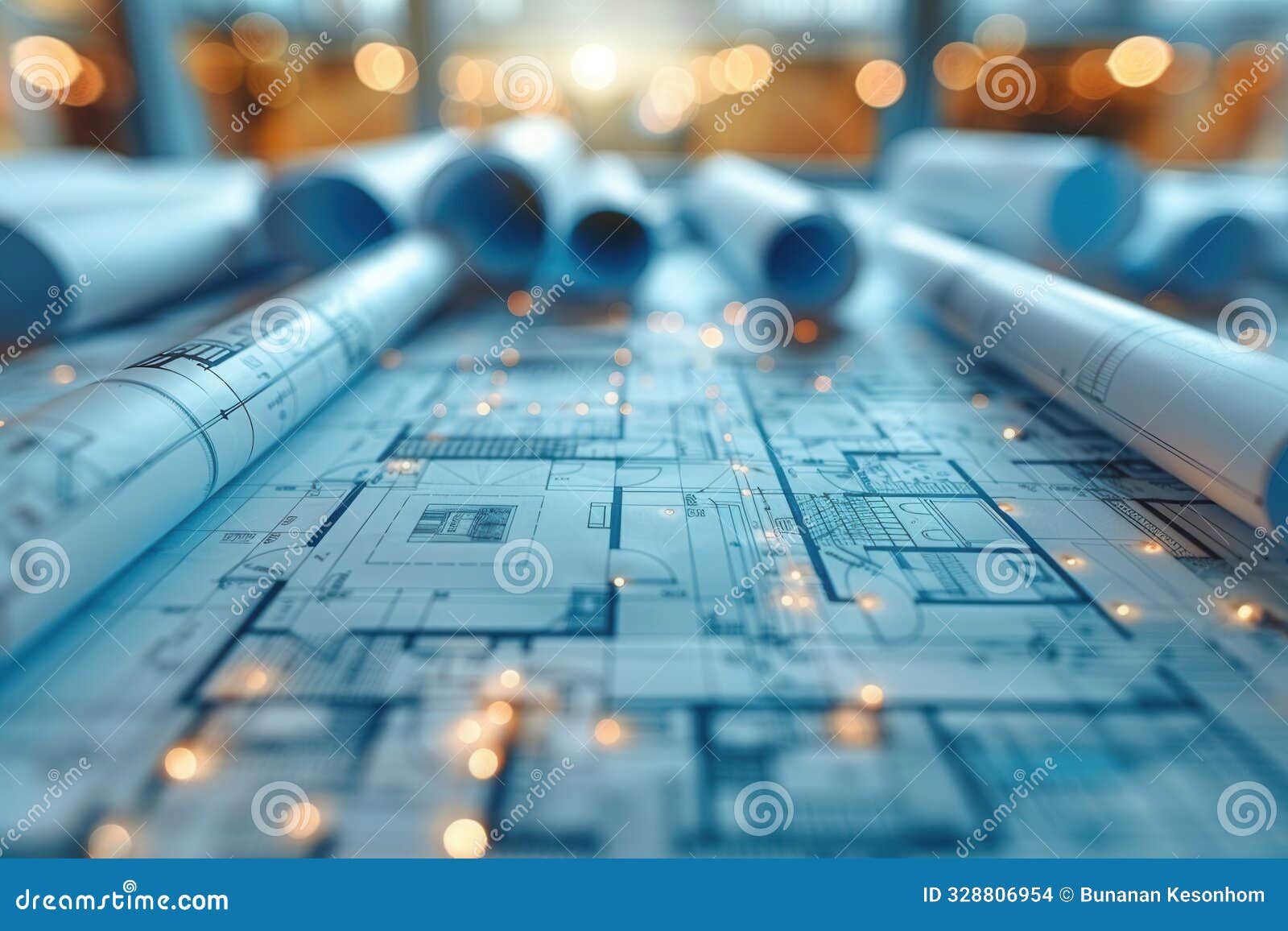 Closeup of Engineering Blueprints with Detailed Building Plans ...