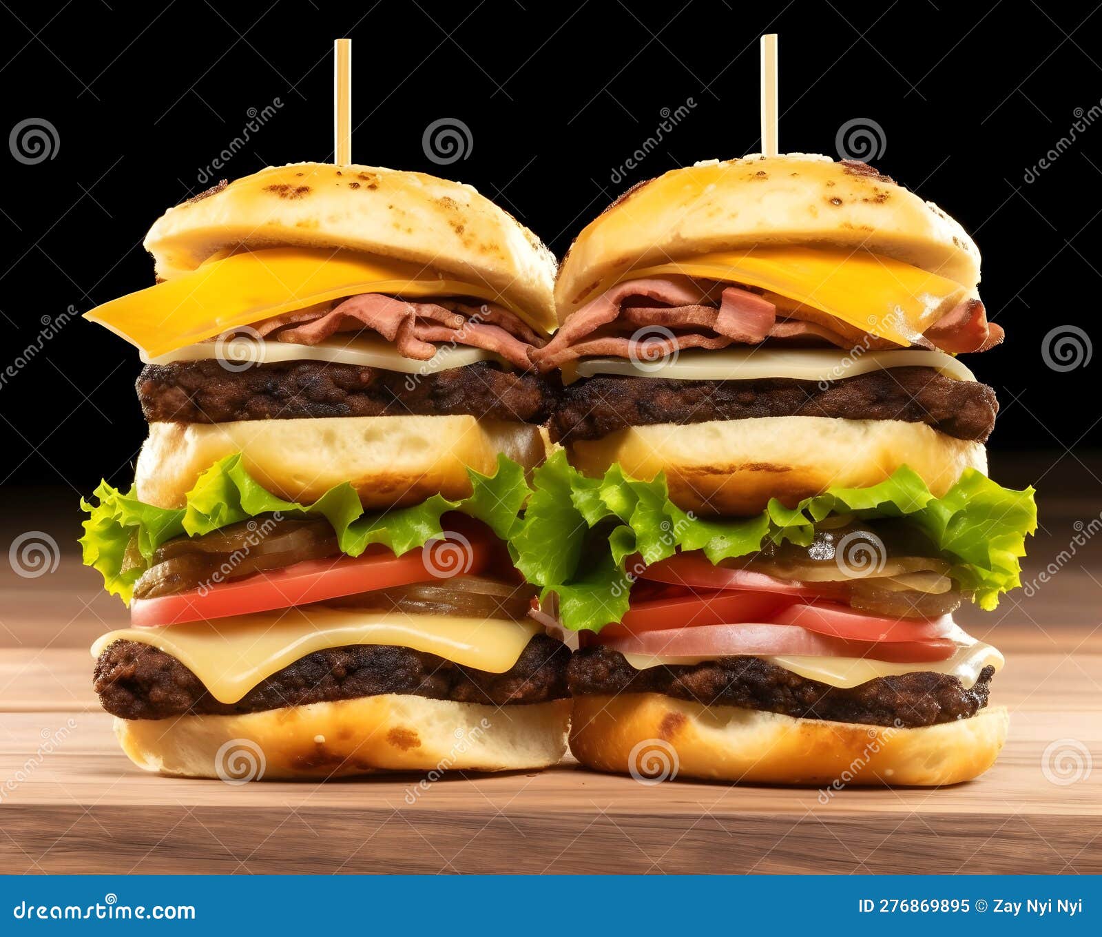 Closeup of Extra Tall Hamburger with Delicious Ingredients Stock ...