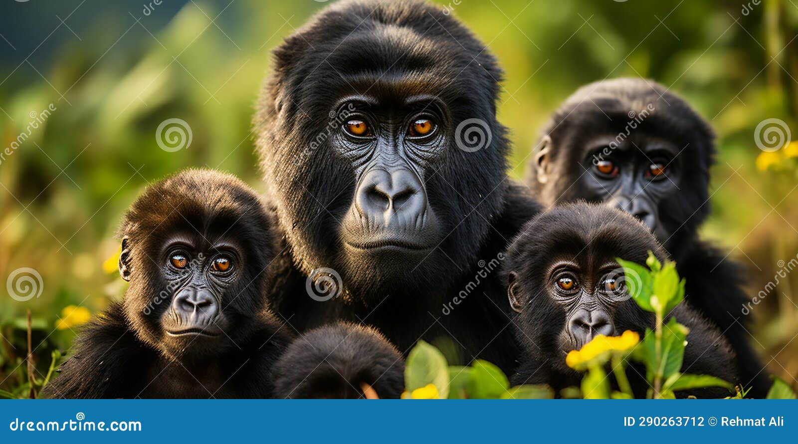 Closeup of a Family Group of Mountain Gorillas Stock Photo - Image of ...