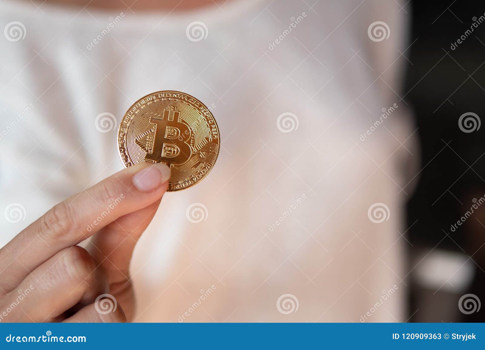 Closeup Female Hand with Bitcoin Stock Image - Image of coin, digital ...