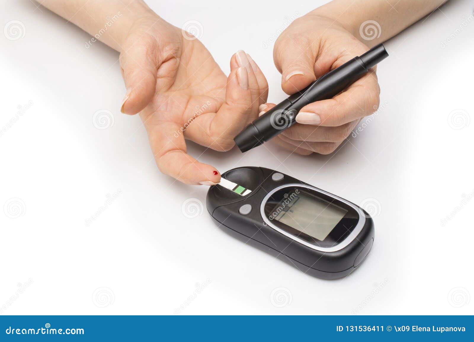 Closeup Female Hands Using Glucometer Scanner on Finger with Blood ...