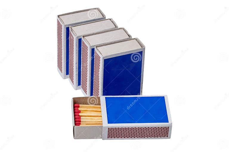 Closeup of Five Matchboxes with One Opened Isolated on a White ...