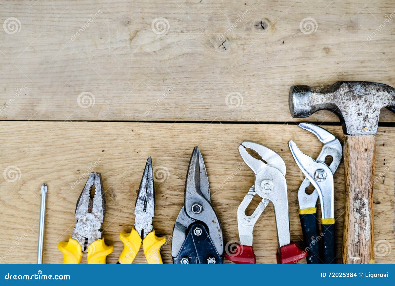 Closeup Flat Lay of Tools on Surface Texture, Top View Wood Background ...