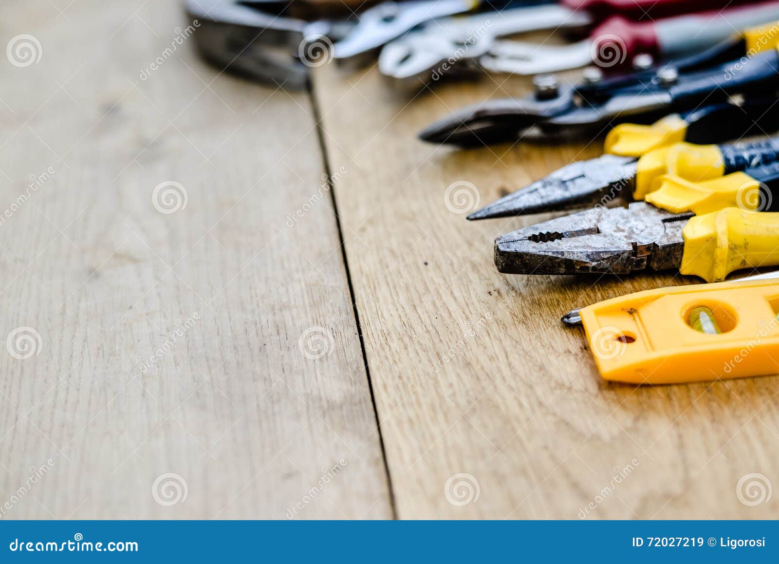 Closeup Flat Lay of Tools on a Wooden Surface Stock Image - Image of ...