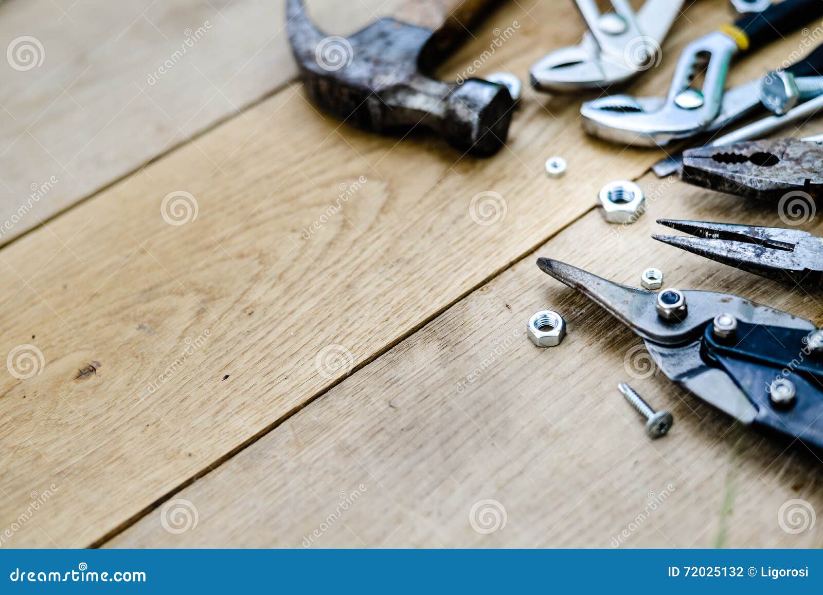 Closeup Flat Lay of Tools on a Wooden Surface Texture, View Top Stock ...