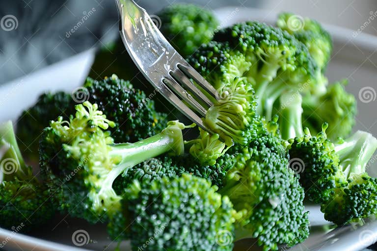 Closeup of a Fork Piercing Multiple Broccoli Florets, Plate Under Stock ...