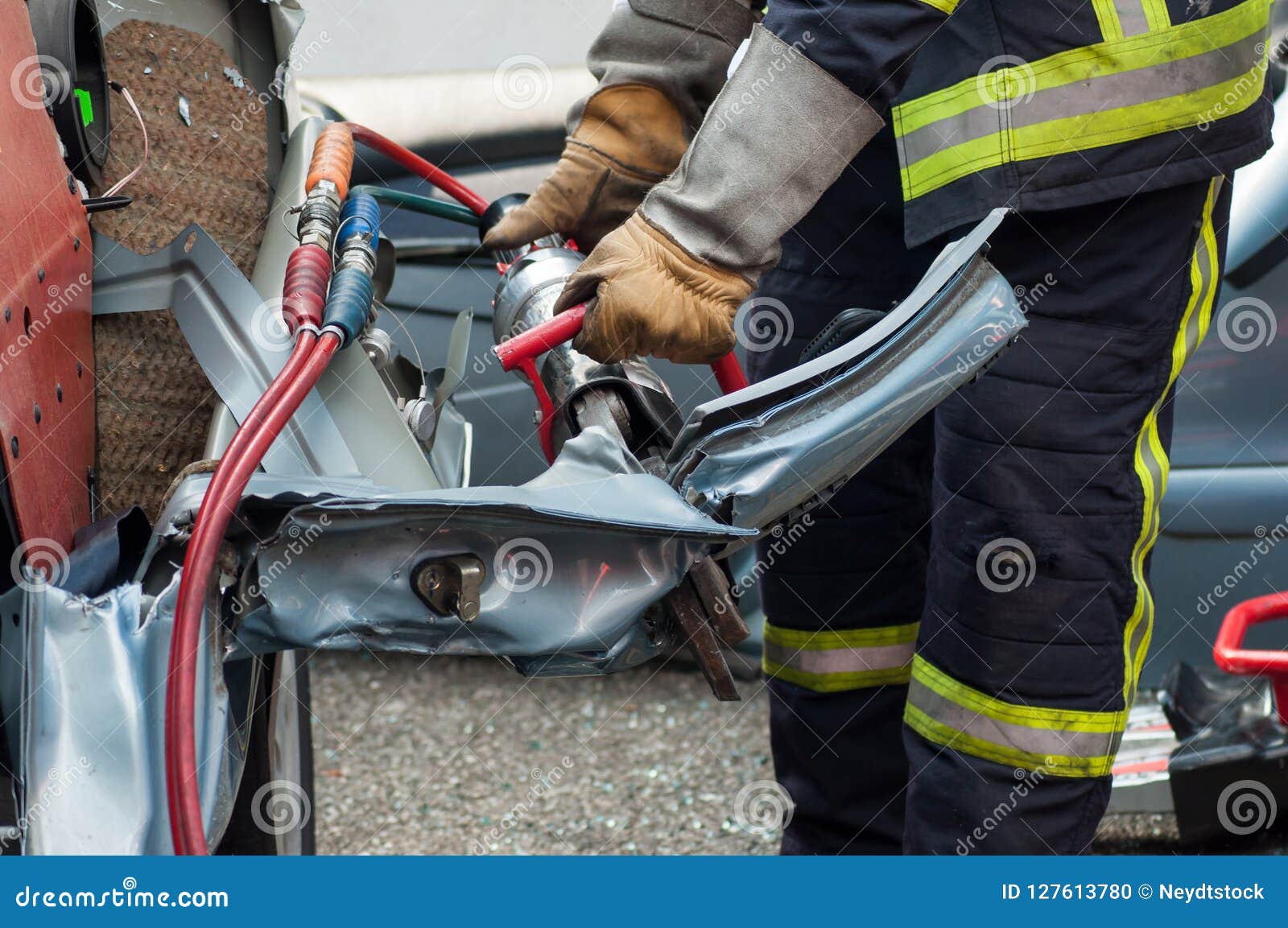 French Rescue Man with Pneumatic Machine on Crashed C Stock Photo ...