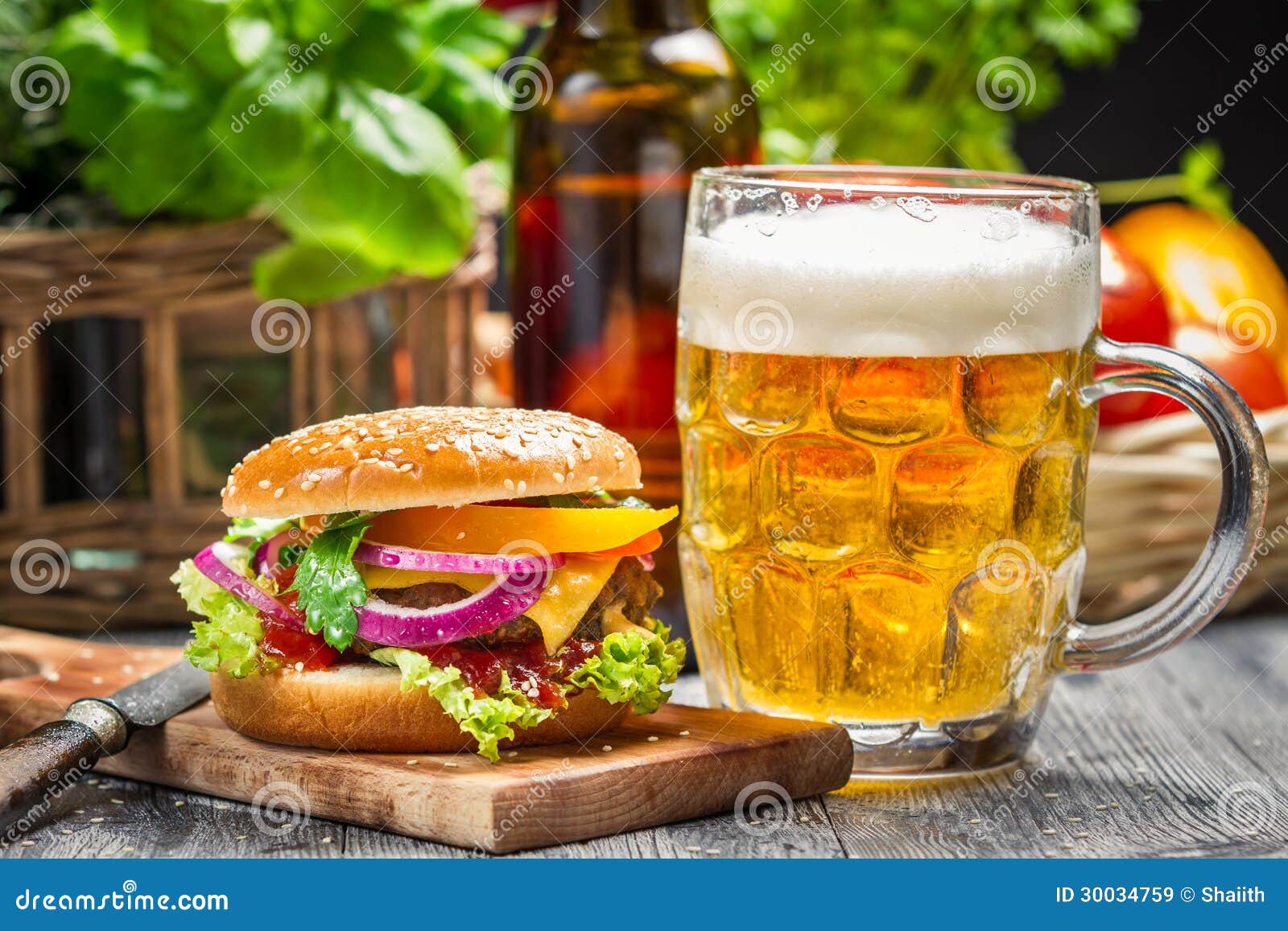 Closeup of Fresh Burger and a Cold Beer Stock Image - Image of green ...
