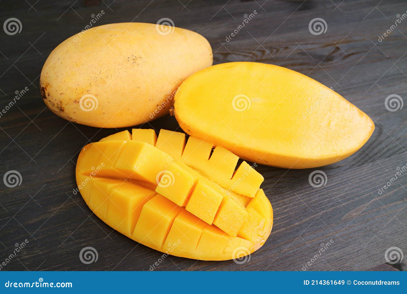 Fresh Ripe Juicy Mango Cut in Half and Crosswise Cut with a Whole Fruit ...