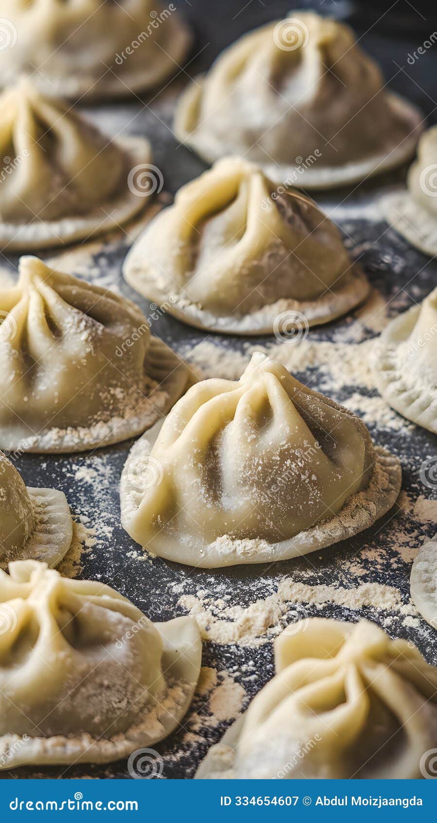 Freshly Made Dumplings with Flour Dusting, Spread Out on Surface Stock ...